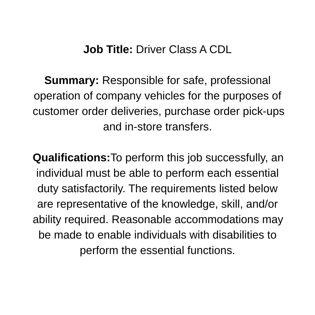 Driver Class A CDL – Shell Lumber and Hardware