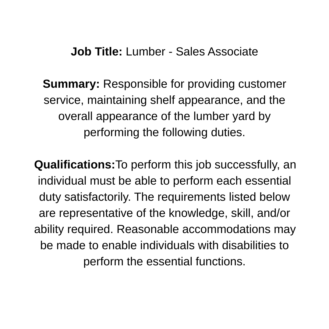 Sales Associate - Lumber Needed – Shell Lumber and Hardware