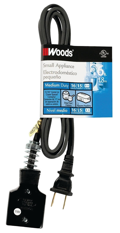 Southwire 0290 Extension Cord, 16 AWG Cable, 6 ft L, 15 A, 125 V, Blac ...