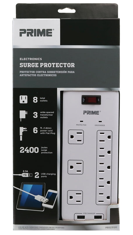 Prime PB523120 Surge Protector with USB Charger, 125 V, 15 A, 8 -Outle ...