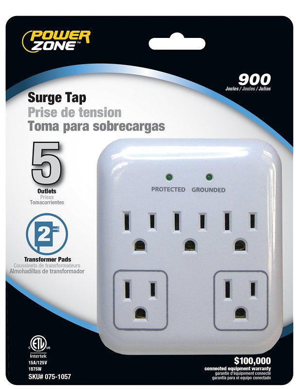 PowerZone OR802155 Tap Surge Protector, 125 V, 15 A, 5-Outlet, 900 Jou ...
