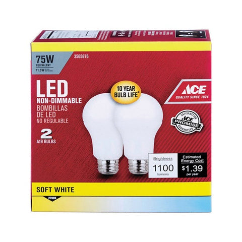 Ace LED Bulb 11.2 watts 1100 lumens 2700 K A-Line A19 Soft White 75 wa ...
