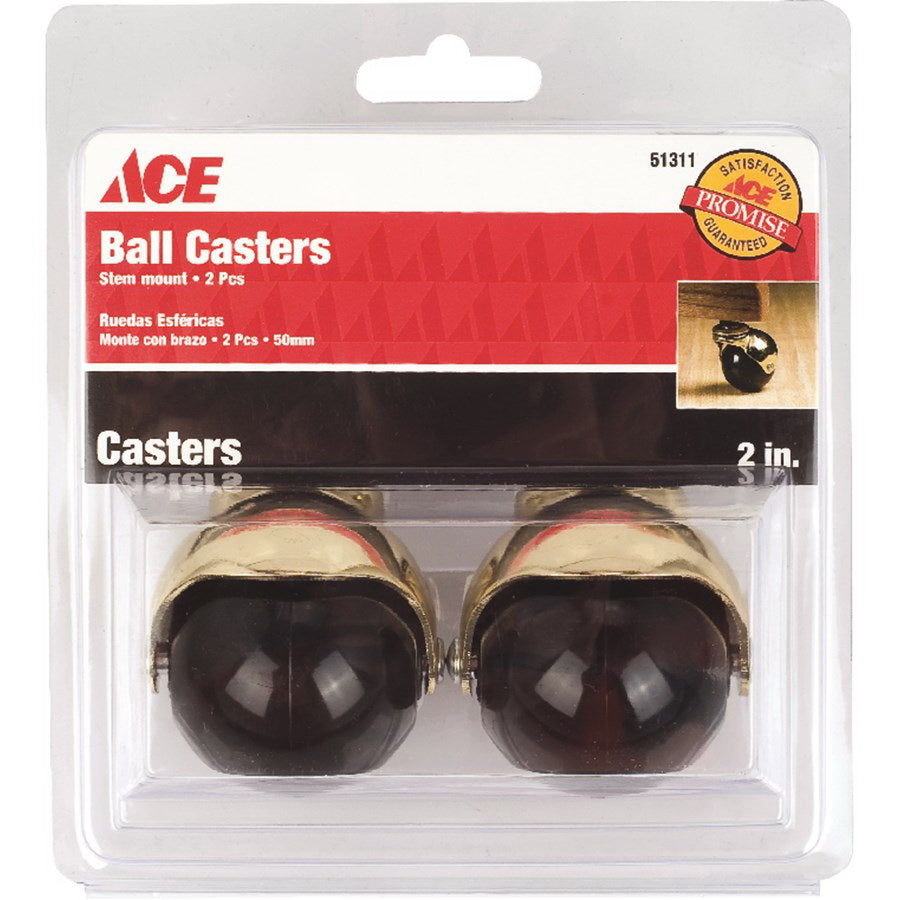 Ace 2 in. Dia. Swivel Bright Brass Hooded Ball Caster with Stem 80 lb ...