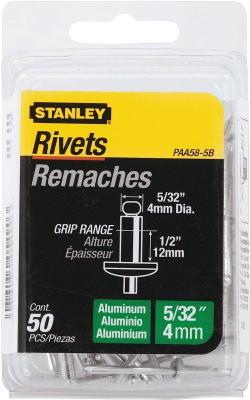 STANLEY PAA58-5B Pop Rivet, Reusable, 1/2 in Grip, 5/32, Aluminum, 50 ...