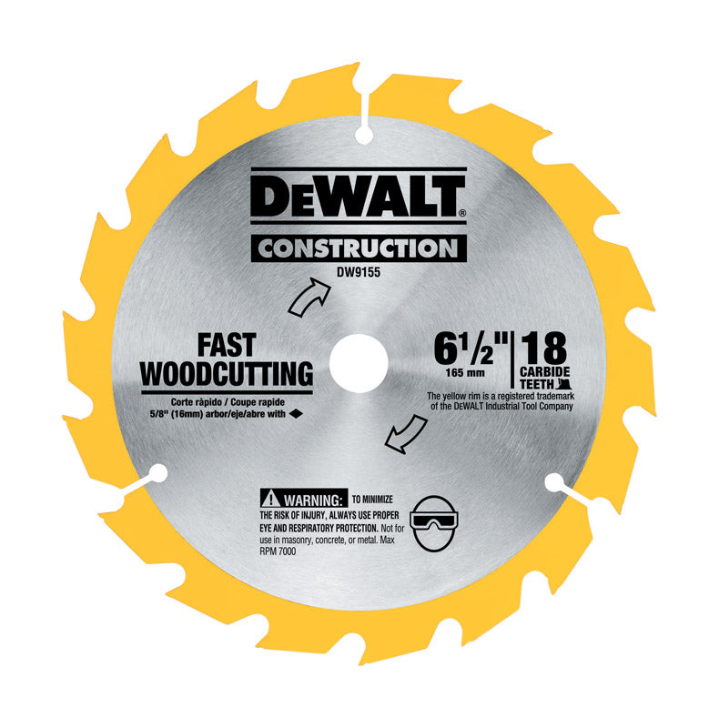 DeWalt 6-1/2 in. Dia. 18 teeth Carbide Tip Circular Saw Blade For Cutt ...