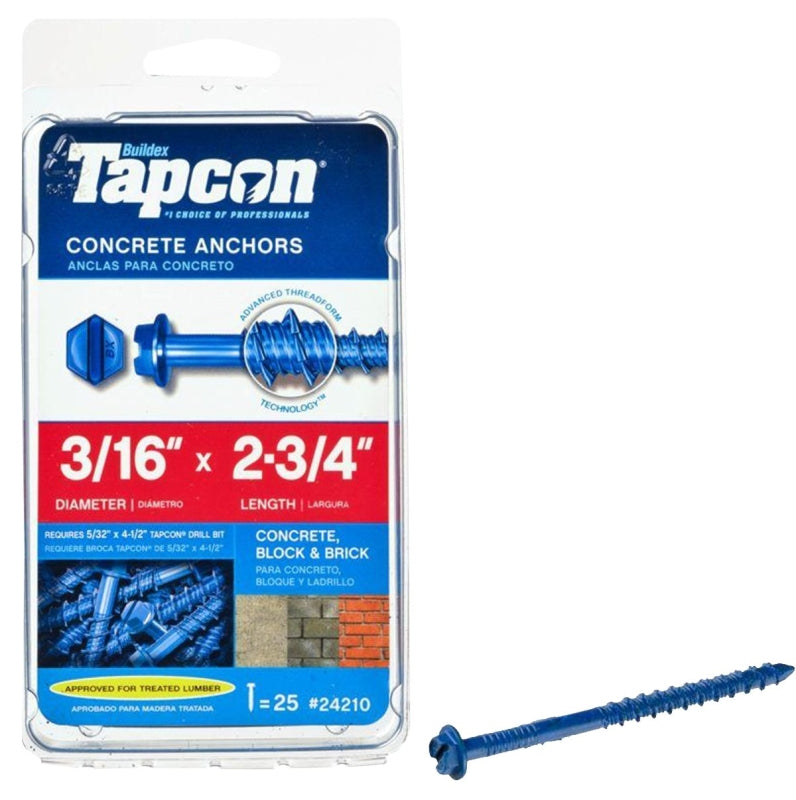 Tapcon 24210 Concrete Screw Anchor, 3/16 in Dia, 2-3/4 in L, Steel, Cl ...
