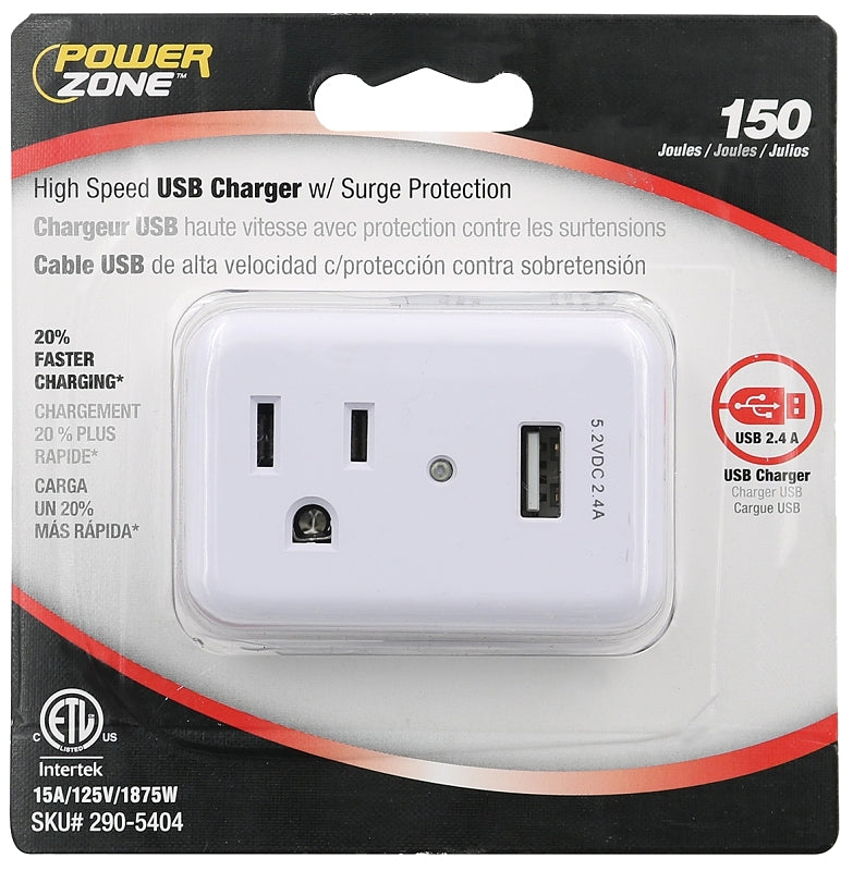 PowerZone ORUSB241S Surge Protector Tap, 2-Pole, 125 V, 15 A, 1-Outlet ...