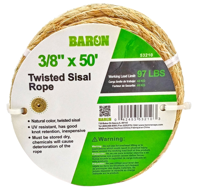 Baron 53210 Rope, 3/8 in Dia, 50 ft L, 97 lb Working Load, Sisal, Natu ...