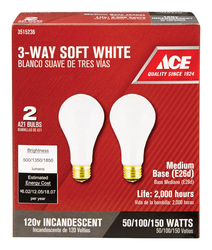 Ace Incandescent Light Bulb 50/100/150 watts 500/1350/1850 lumens 2700 ...