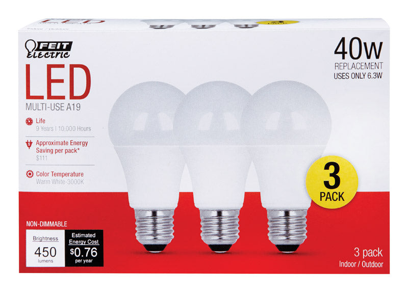 FEIT Electric LED Bulb 6.3 watts 450 lumens 3000 K A-Line A19 Warm Whi ...