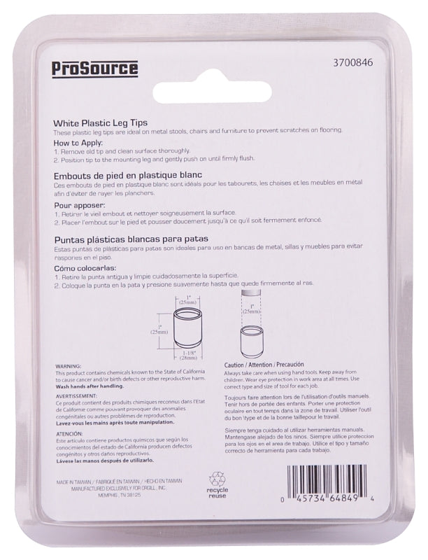 ProSource FE-50615-PS Furniture Leg Tip, Round, Plastic, White, 1 in D ...