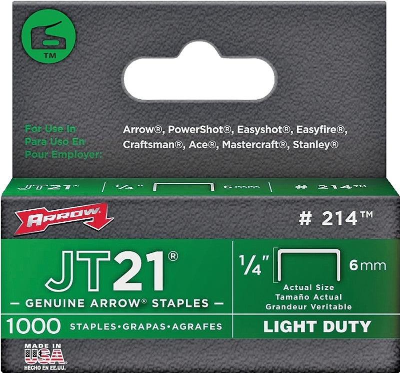 Arrow JT21 Series 214 Staple, 1/4 in W Crown, 1/4 in L Leg, 0.03 ga, P ...