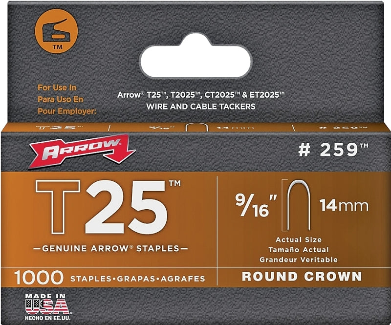 Arrow T25 Series 259 Staple, 5/16 in W Crown, 9/16 in L Leg, Steel, Pa ...