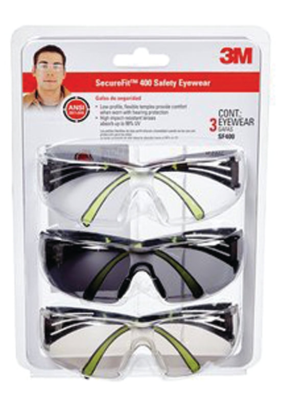 3M SF400-W-3PK Safety Eyewear, Clear/Gray Lens, Neon Green/Black Frame ...