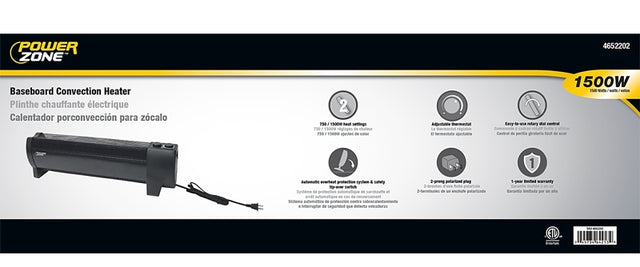PowerZone DL12C Baseboard Heater, 12.5 A, 120 V, 750/1500 W, 5118.2 Bt ...