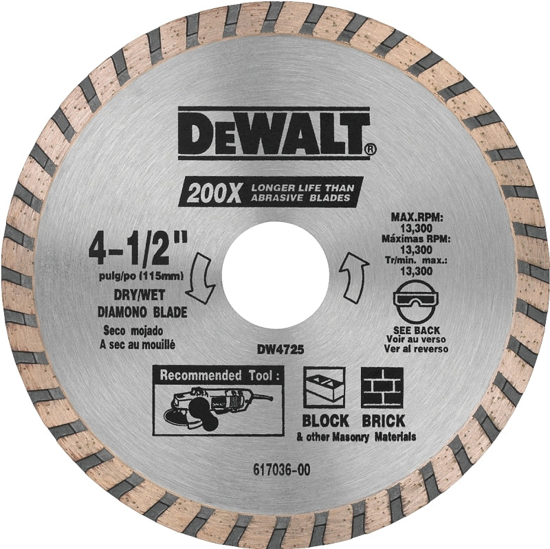 DEWALT DW4725 Circular Blade, 4-1/2 in Dia, 7/8 in Arbor, Diamond Cutt ...