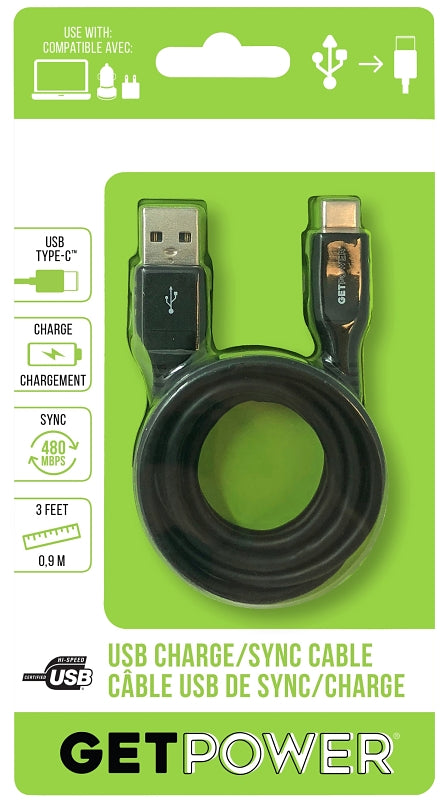 GetPower GP-USB-USBC Charge and Sync Cable, USB-A, USB-C, 3 ft L ...
