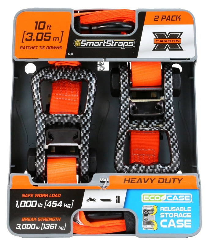 SmartStrap 240 Tie-Down, 1-1/4 in W, 10 ft L, Carbon Fiber, Orange, 10 ...