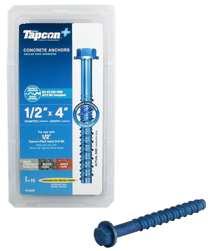 Tapcon 11420 Concrete Screw Anchor, 1/2 in Dia, 4 in L, Steel, Zinc – Shell Lumber and Hardware