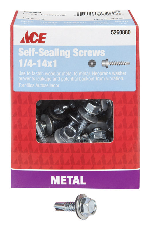 Ace Hex Washer Hex Drive Self-Sealing Screws Steel 1/4-14 x 1 in. L 1 ...