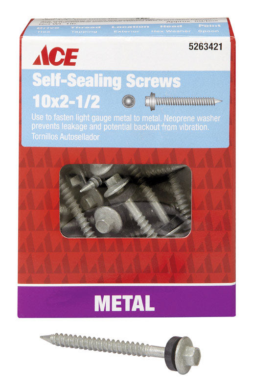 Ace 10 Sizes x 2-1/2 in. L Hex Head Galvanized Steel Self-Sealing Scre ...