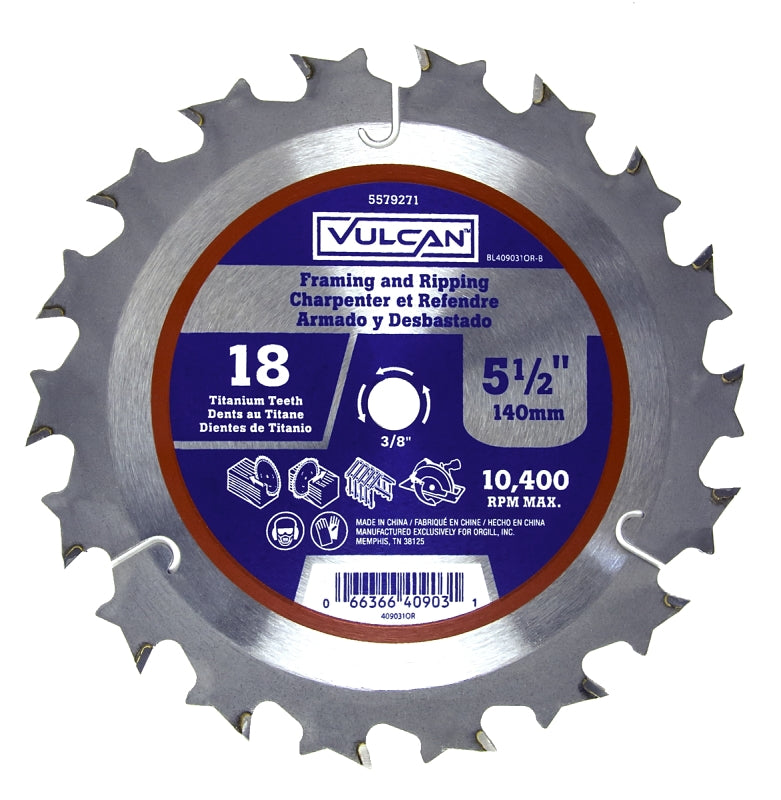 Vulcan 409031OR Circular Saw Blade, 5-1/2 in Dia, 3/8 in Arbor – Shell ...
