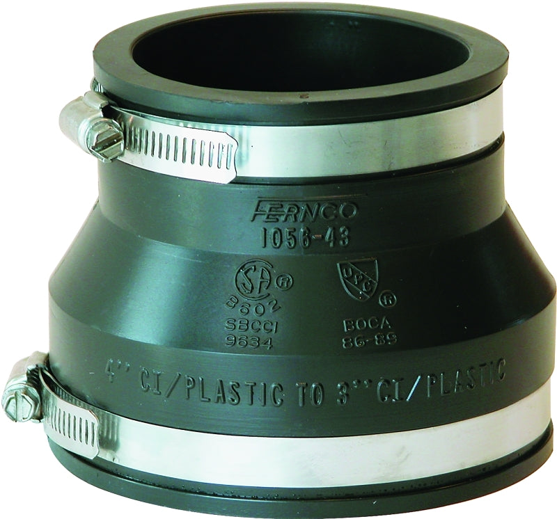 Fernco P1056-43 Flexible Coupling, 4 x 3 in, PVC, Black, 4.3 psi Press ...