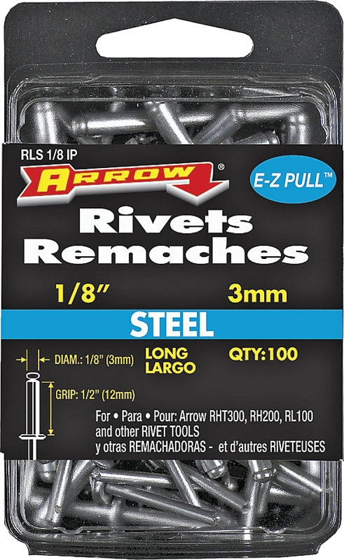 Arrow RLS1/8IP Pop Rivet, Long, 1/2 in Grip, 1/2 in L, Steel, 100/PK ...