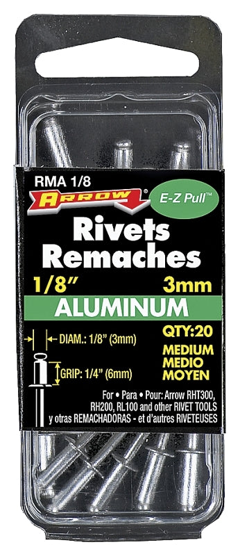 Arrow RMA1/8 Pop Rivet, Medium, 1/4 in Grip, 1/4 in L, Aluminum, Silve ...