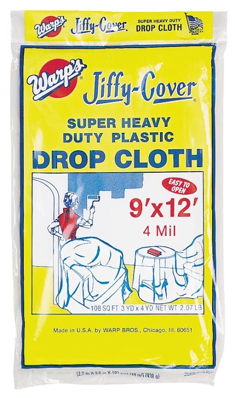 Warp's 4JC-912 Drop Cloth, 12 ft L, 9 ft W, 4 mil Thick, Plastic, Clea ...