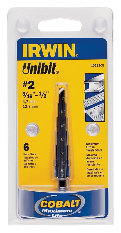 Irwin UNIBIT 10232 Step Drill Bit, 3/16 to 1/2 in Dia, 1-Flute, 1/4 in ...