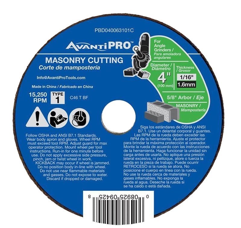 Avanti Pro PBD040063101C Type 1 Flat Cut-Off Disc, 4 in Dia, 5/8 in, S ...