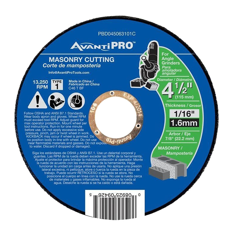 Avanti Pro PBD045063101C Cut-Off Wheel, 4-1/2 in Dia, 1/16 in Thick, 7 ...