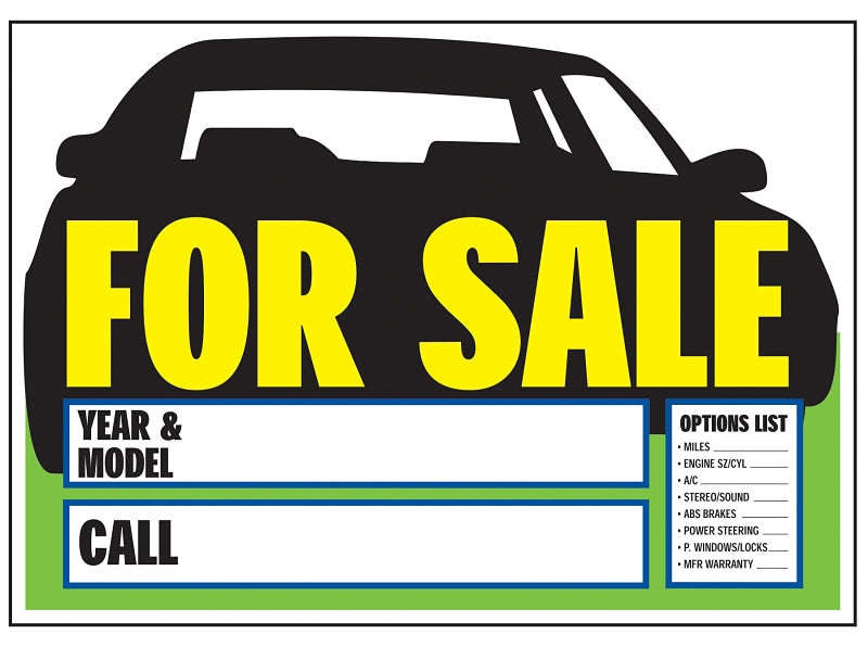 Hy-Ko 22104 Sign, For Sale (Car), Yellow Legend, Plastic, 9 in W x 14 ...