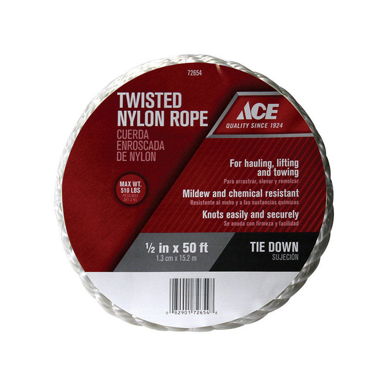 Ace 1/2 in. Dia. x 50 ft. L Twisted Nylon Rope White – Shell Lumber and ...