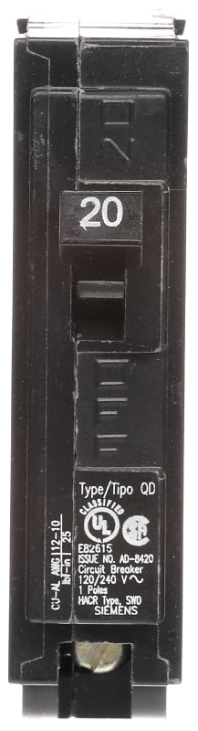 Siemens D120 Circuit Breaker, Low Voltage, QD, 20 A, 1 -Pole, 120 VAC ...