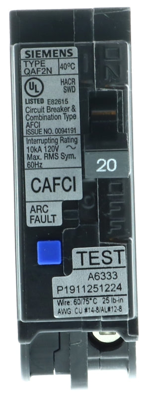 Siemens QA120AFCN Circuit Breaker, AFCI, Combination, Low Voltage, 20 ...