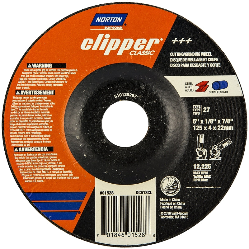 Norton Clipper Classic Series 70184601528 Grinding Wheel, 5 in Dia, 1 ...