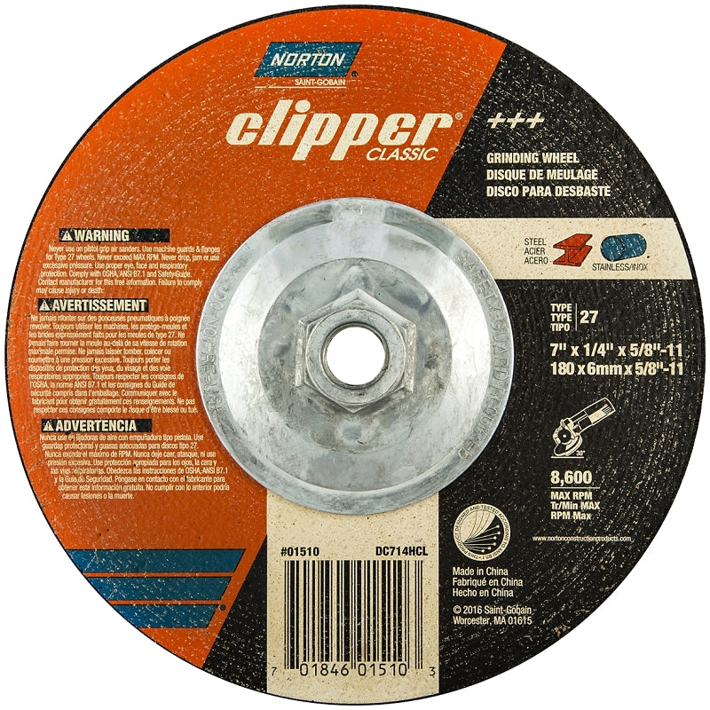 Norton Clipper Classic A AO Series 70184601510 Grinding Wheel, 7 in Di ...