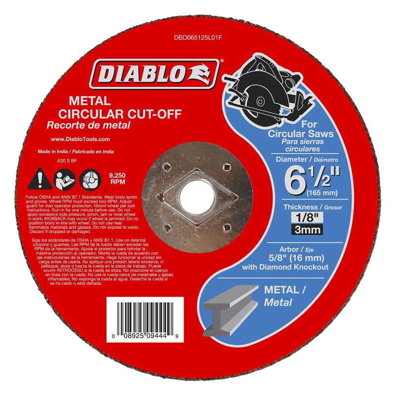 Diablo DBD065125L01F Cut-Off Wheel, 6-1/2 in Dia, 1/8 in Thick, 5/8 in ...