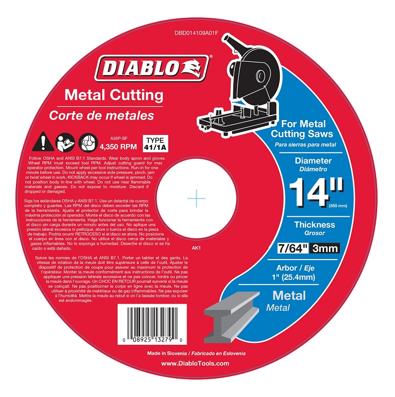 Diablo DBD014109A01F Chop Saw Disc, 14 in Dia, 1 in Arbor, Aluminum Ox ...