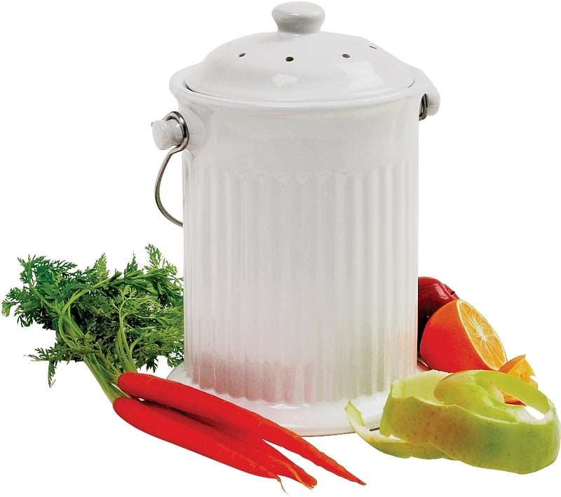 Norpro 93 Compost Crock, 1 gal, 5-5/8 in Dia, 7-1/4 in H, Ceramic, Whi ...