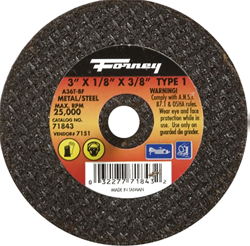 Forney 71843 Cut-Off Wheel, 3 in Dia, 1/8 in Thick, 3/8 in Arbor, 36 G ...