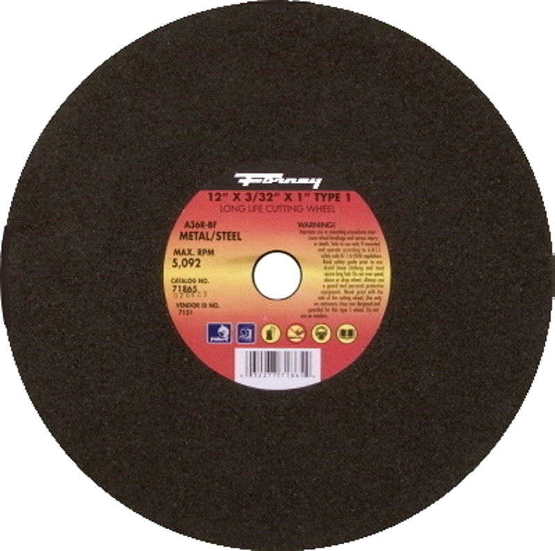 Forney 71865 Cut-Off Wheel, 12 in Dia, 3/32 in Thick, 1 in Arbor, 36 G ...