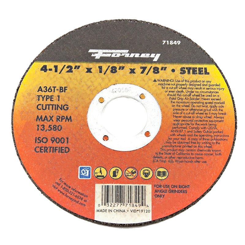 Forney 71849 Cut-Off Wheel, 4-1/2 in Dia, 1/8 in Thick, 7/8 in Arbor ...