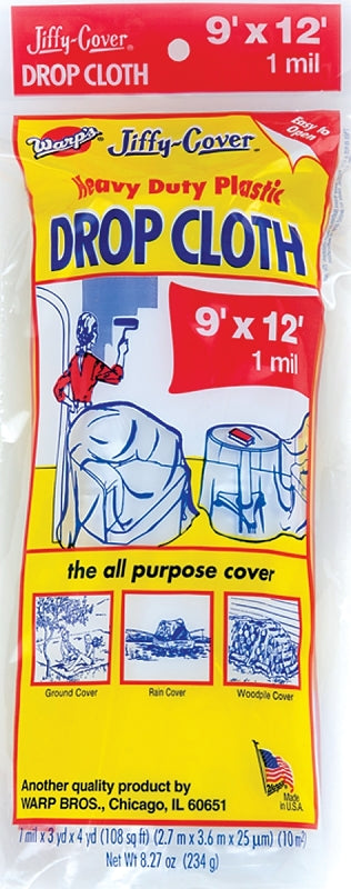 Warp's JCS-912-M Drop Cloth, 12 ft L, 9 ft W, 1 mil Thick, Plastic, Cl ...