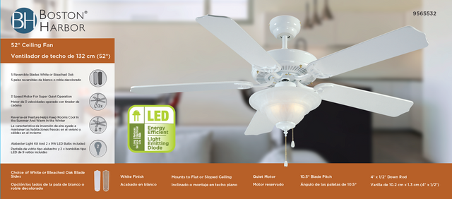 Boston Harbor CF-B552+1F242WH Ceiling Fan, 5-Blade, Bleached Oak/White ...